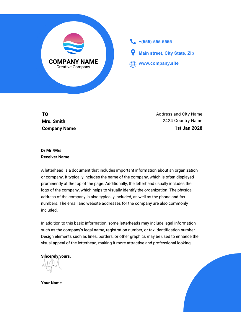 White And Blue Simple Company Letterhead Template