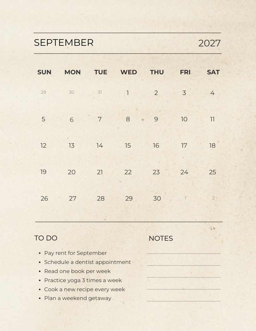 Beige Minimalist September Schedule To Do List Template