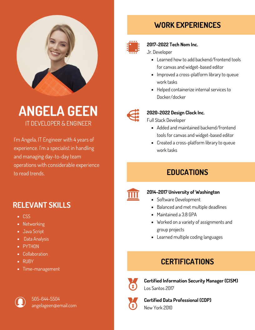 White And Orange Minimalist Professional IT Resume