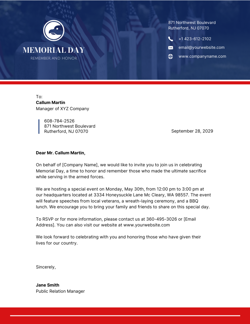 Blue and Red Memorial Day Letterhead
