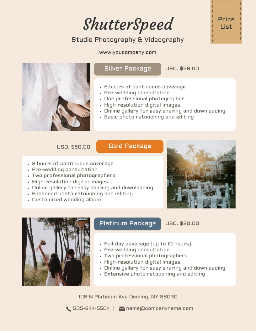 Cream Simple Price List Flyer Photography
