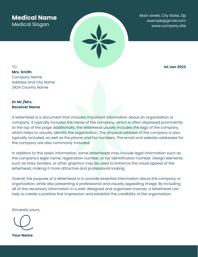 White And Dark Green Minimalist Medical Letterhead Template