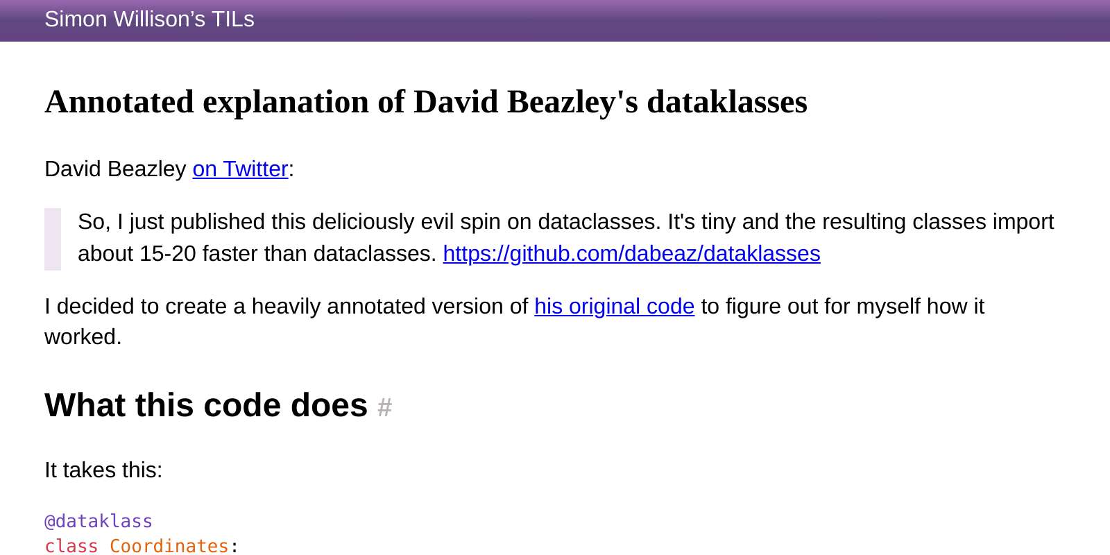 Annotated explanation of David Beazley's dataklasses | Simon Willison’s ...