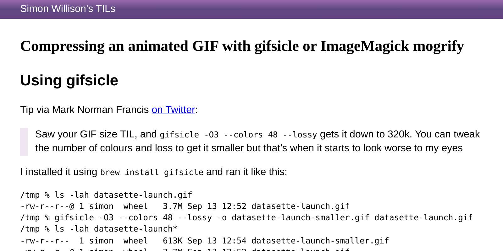 Compressing an animated GIF with gifsicle or ImageMagick mogrify | Simon Willison’s TILs