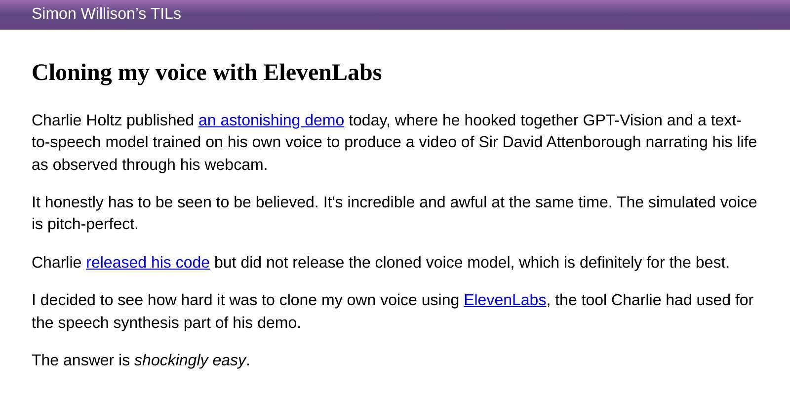 Cloning my voice with ElevenLabs | Simon Willison’s TILs