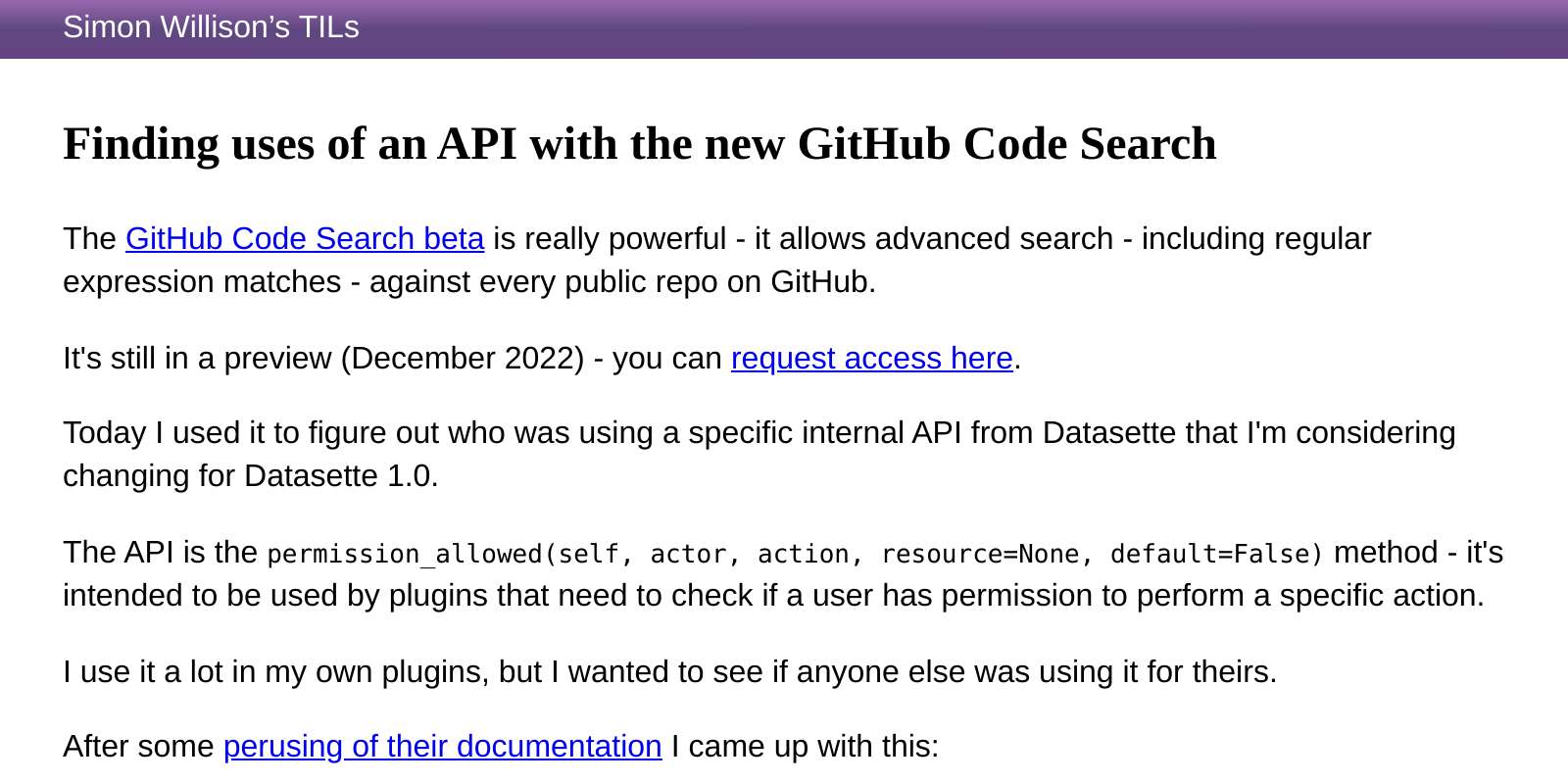 Finding uses of an API with the new GitHub Code Search | Simon Willison ...