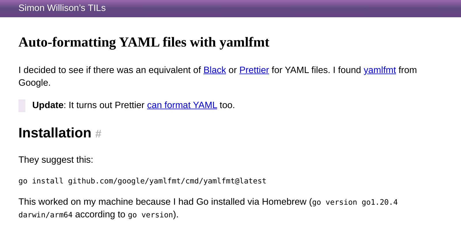 Auto-formatting YAML files with yamlfmt | Simon Willison’s TILs
