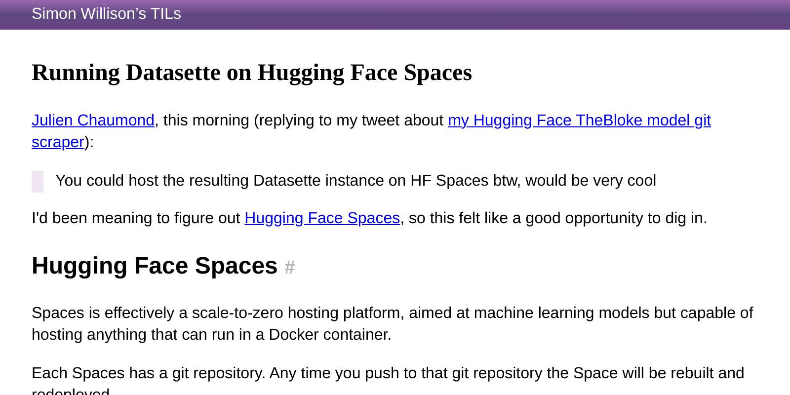 Running Datasette on Hugging Face Spaces | Simon Willison’s TILs