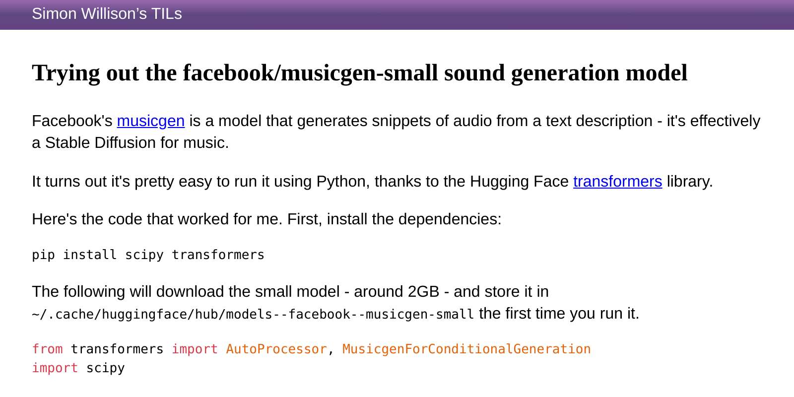 Trying Out The Facebook Musicgen Small Sound Generation Model Simon Willison S Tils