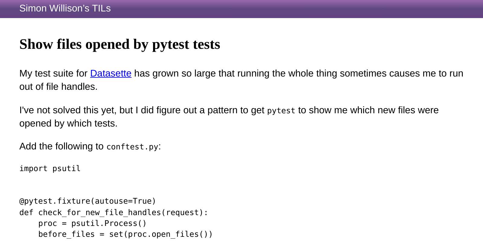 Show files opened by pytest tests | Simon Willison’s TILs