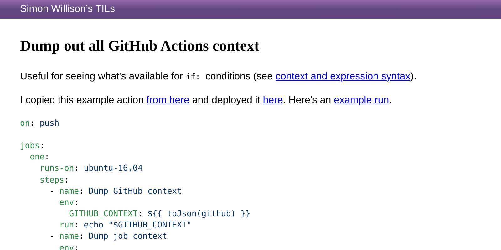 Dump out all GitHub Actions context | Simon Willison’s TILs