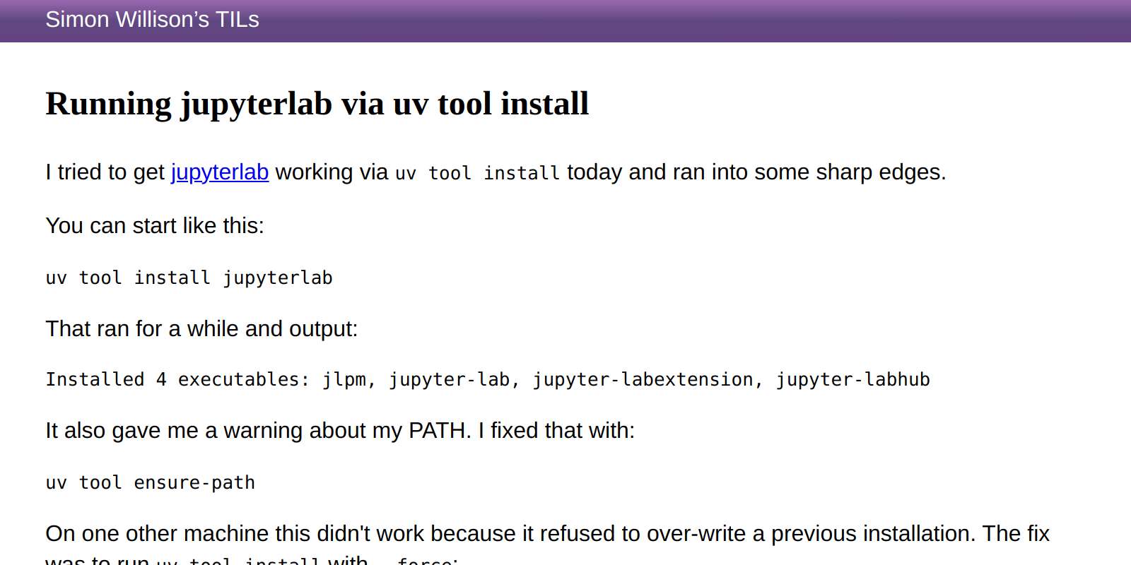 Running jupyterlab via uv tool install | Simon Willison’s TILs