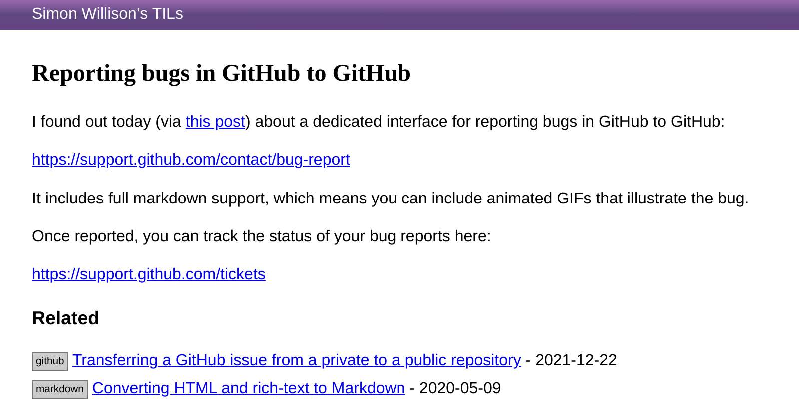 Reporting bugs in GitHub to GitHub | Simon Willison’s TILs