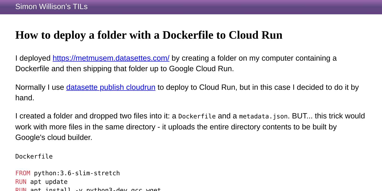 How to deploy a folder with a Dockerfile to Cloud Run | Simon Willison ...