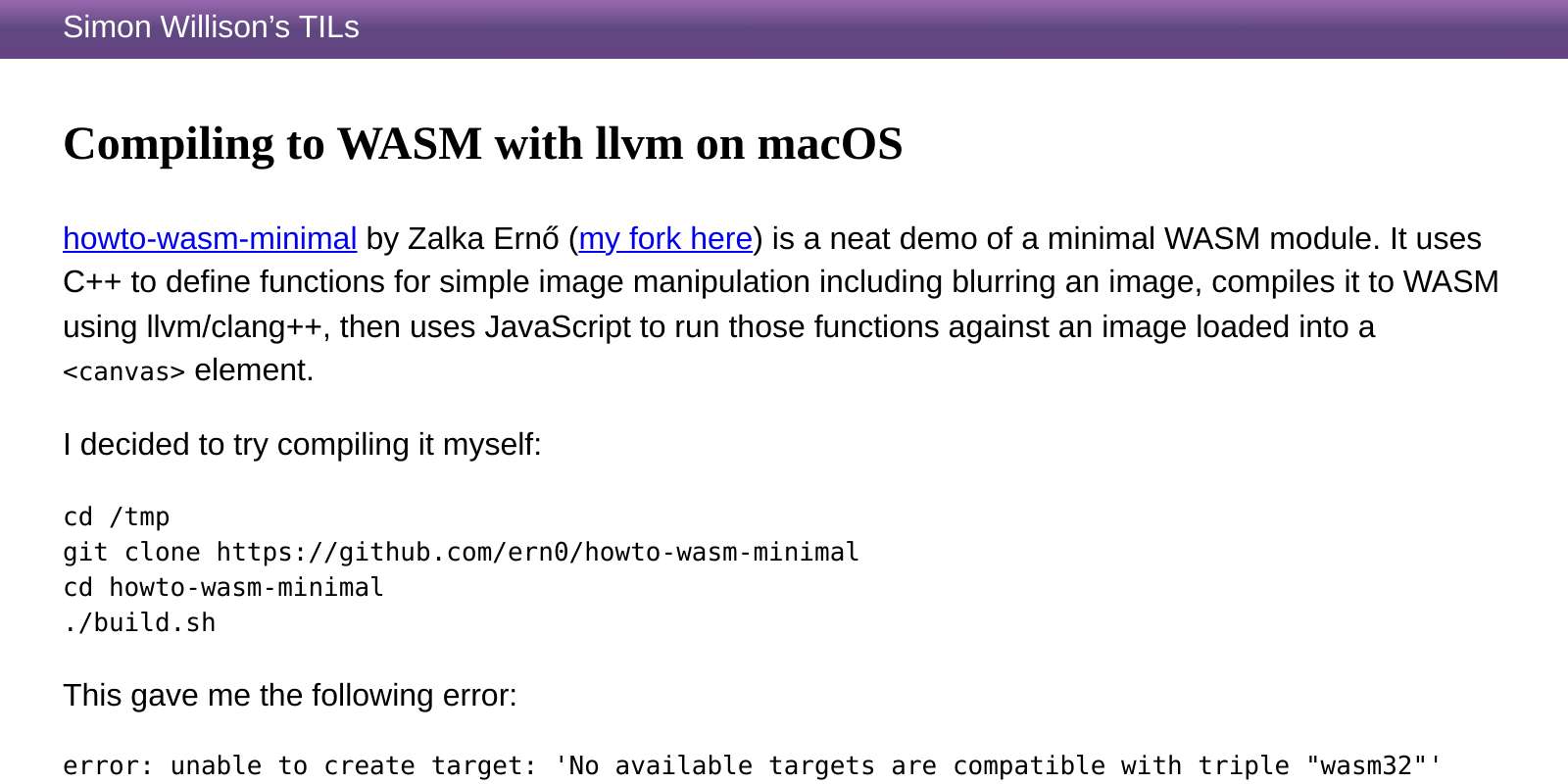 Compiling to WASM with llvm on macOS | Simon Willison’s TILs