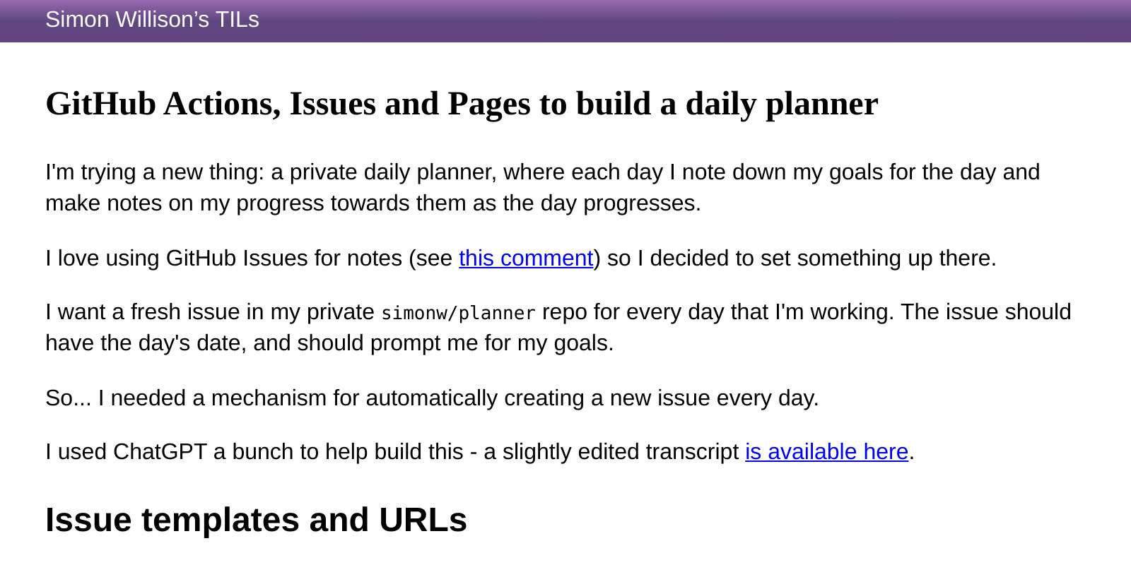 GitHub Actions, Issues and Pages to build a daily planner | Simon Willison’s TILs