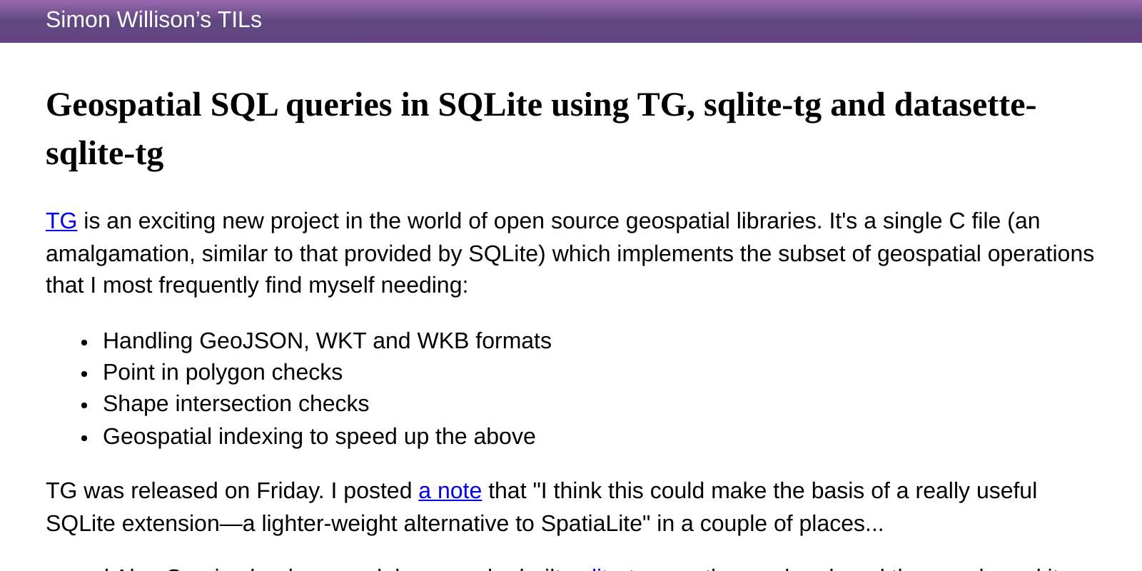 Geospatial SQL queries in SQLite using TG, sqlite-tg and datasette ... Geospatial SQL queries in SQLite using TG, sqlite-tg and datasette ...