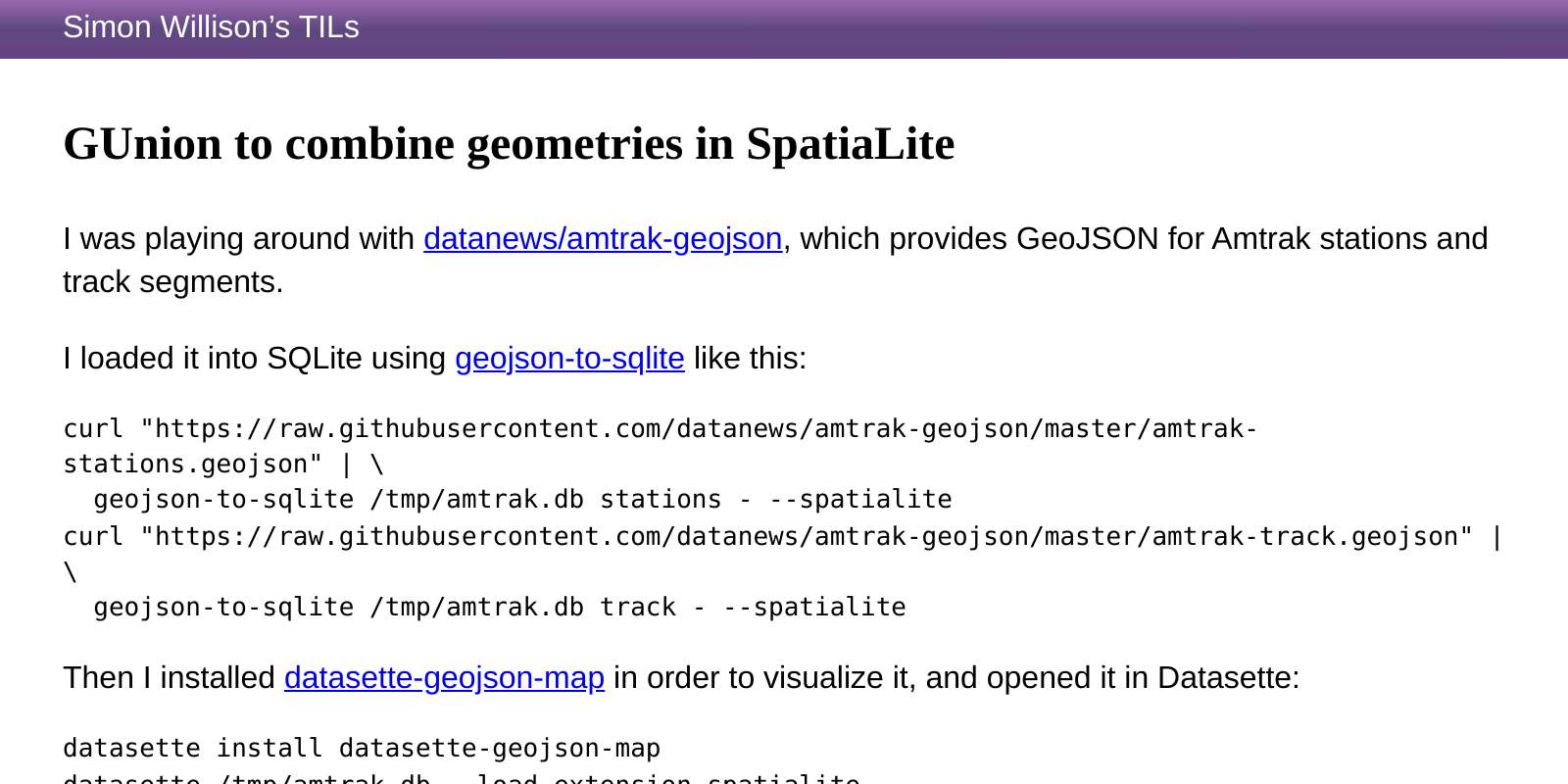 GUnion to combine geometries in SpatiaLite | Simon Willison’s TILs