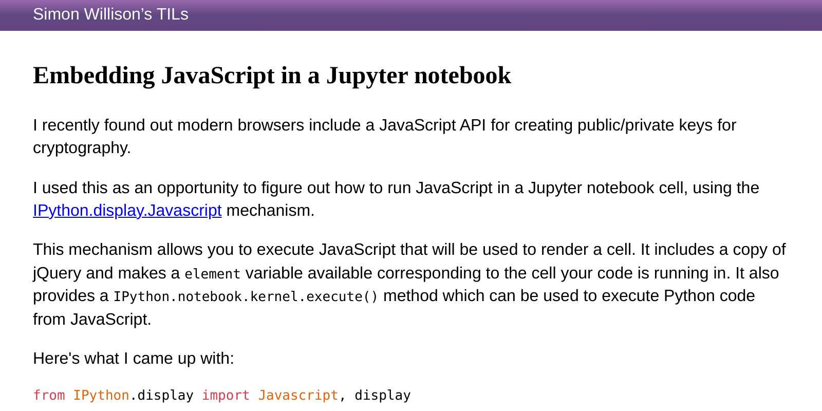 Embedding JavaScript in a Jupyter notebook | Simon Willison’s TILs