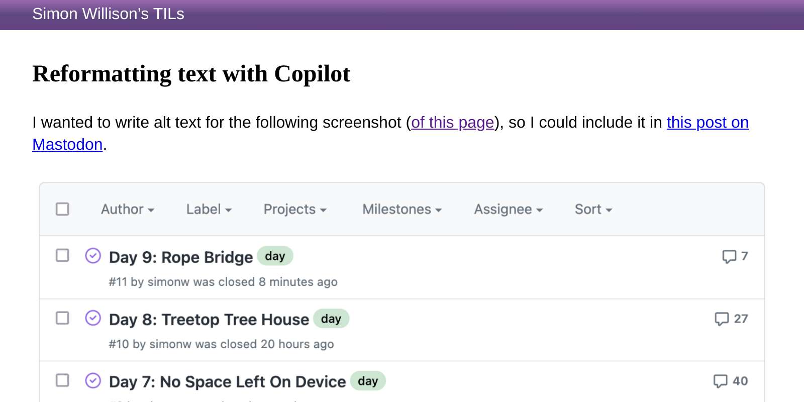 Reformatting text with Copilot | Simon Willison’s TILs