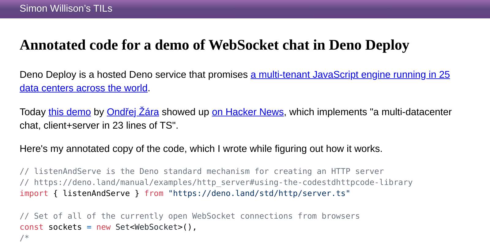 Annotated code for a demo of WebSocket chat in Deno Deploy | Simon Willison’s TILs