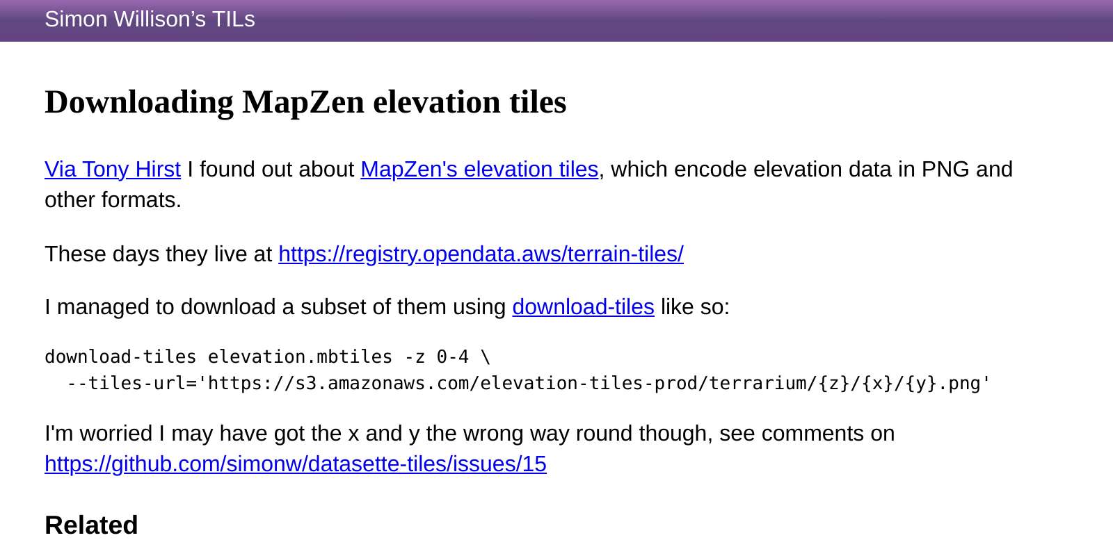 Downloading MapZen elevation tiles | Simon Willison’s TILs