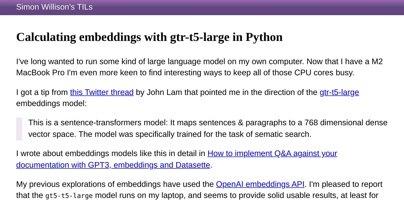 Calculating embeddings with gtr-t5-large in Python | Simon Willison’s TILs