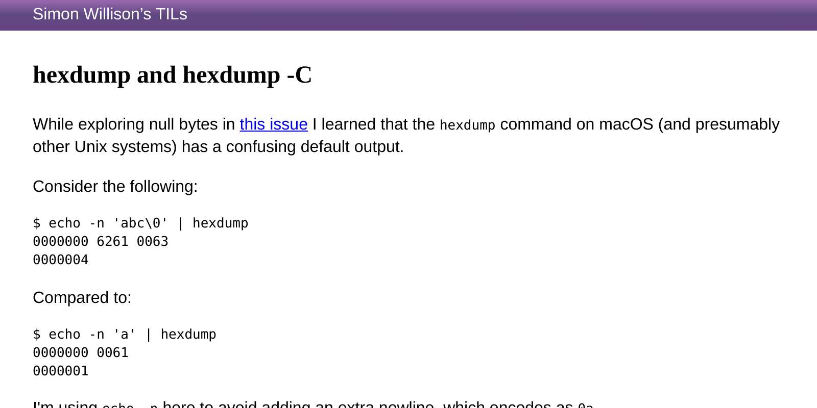 hexdump and hexdump -C | Simon Willison’s TILs