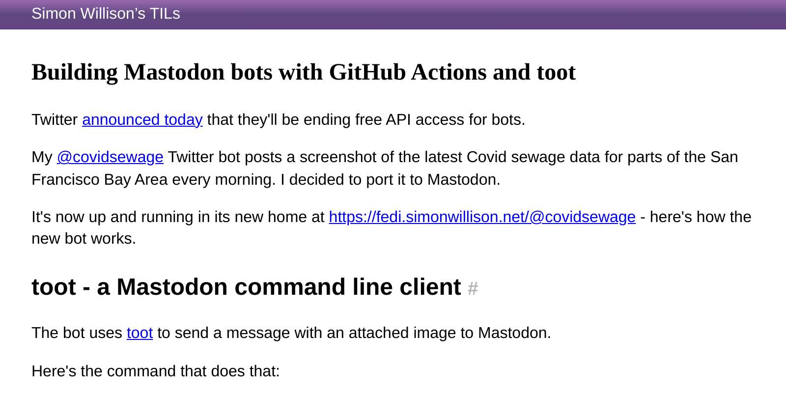 Building Mastodon bots with GitHub Actions and toot | Simon Willison’s TILs