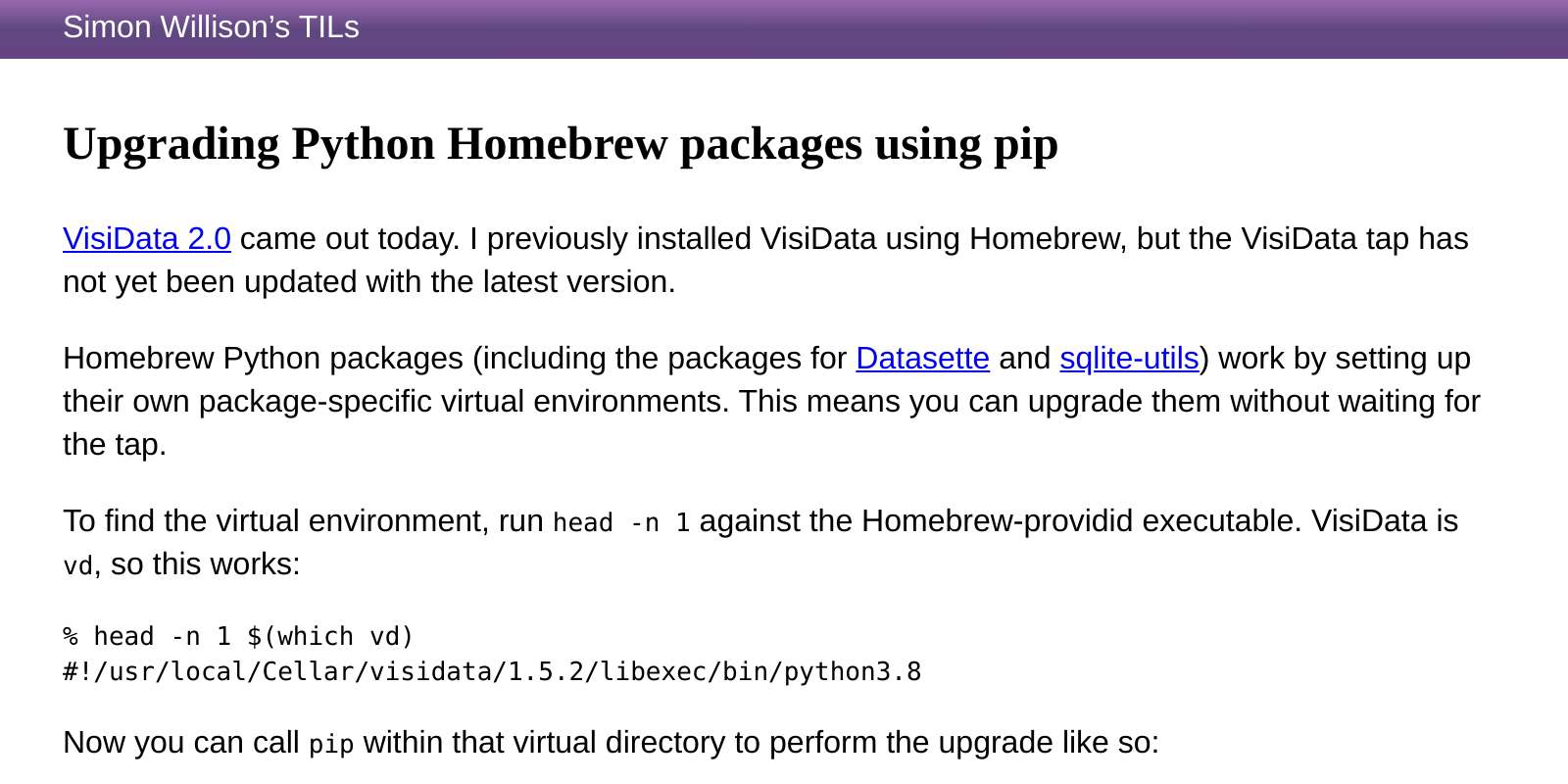 Upgrading Python Homebrew packages using pip | Simon Willison’s TILs