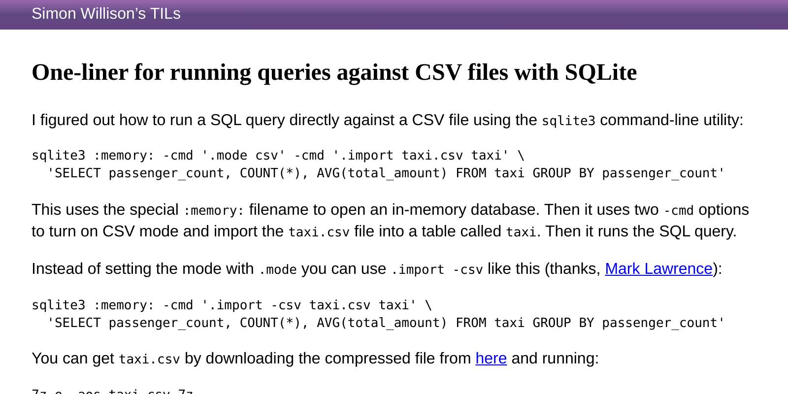 One-liner for running queries against CSV files with SQLite | Simon Willison’s TILs