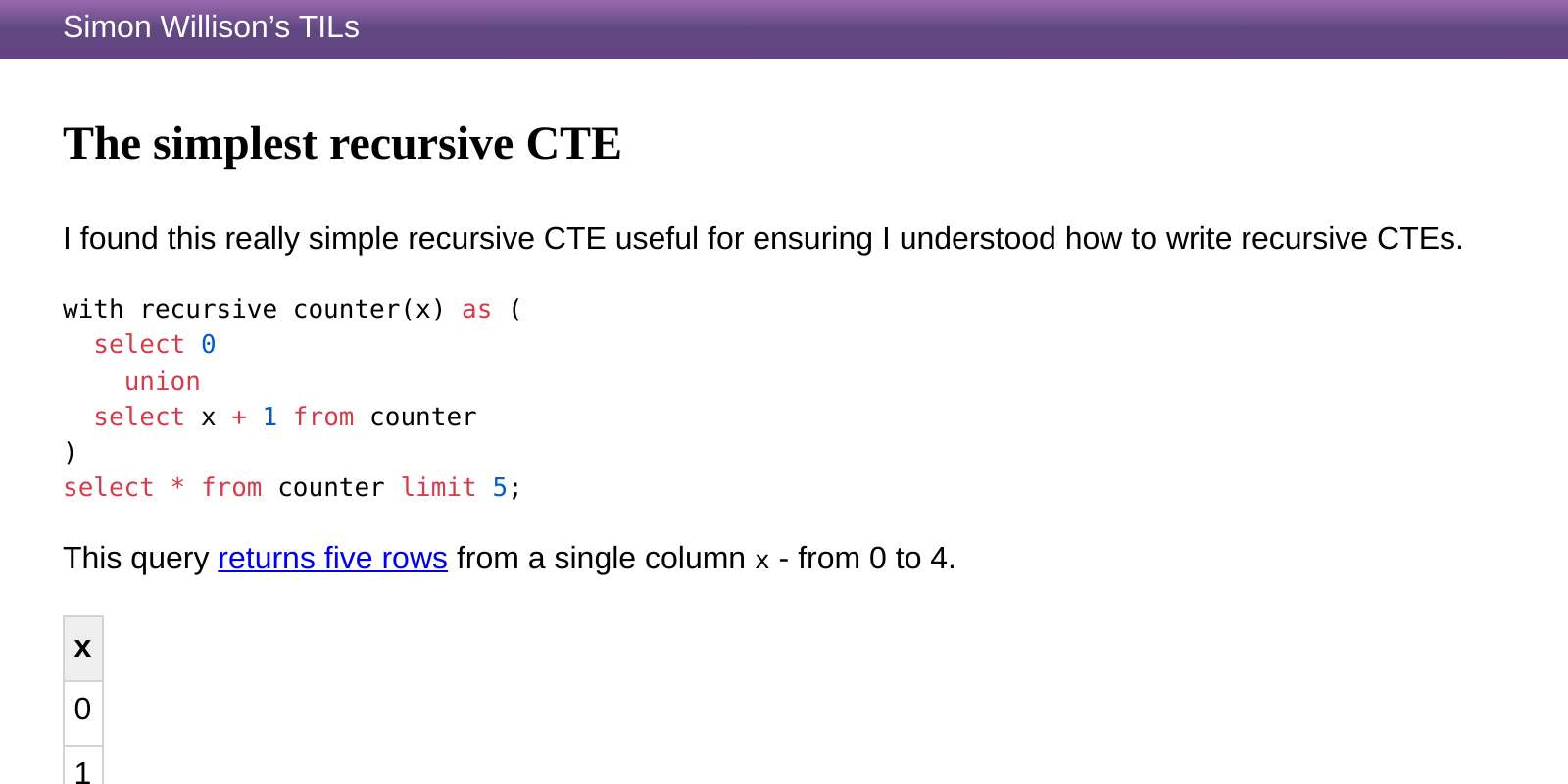 The simplest recursive CTE | Simon Willison’s TILs