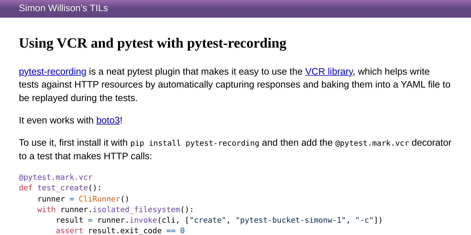 Using VCR and pytest with pytest-recording | Simon Willison’s TILs