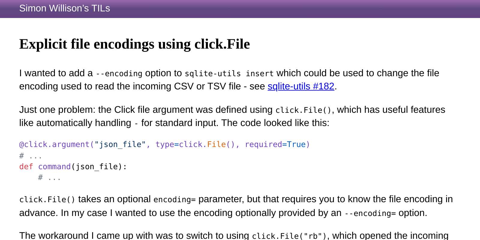 Explicit file encodings using click.File | Simon Willison’s TILs