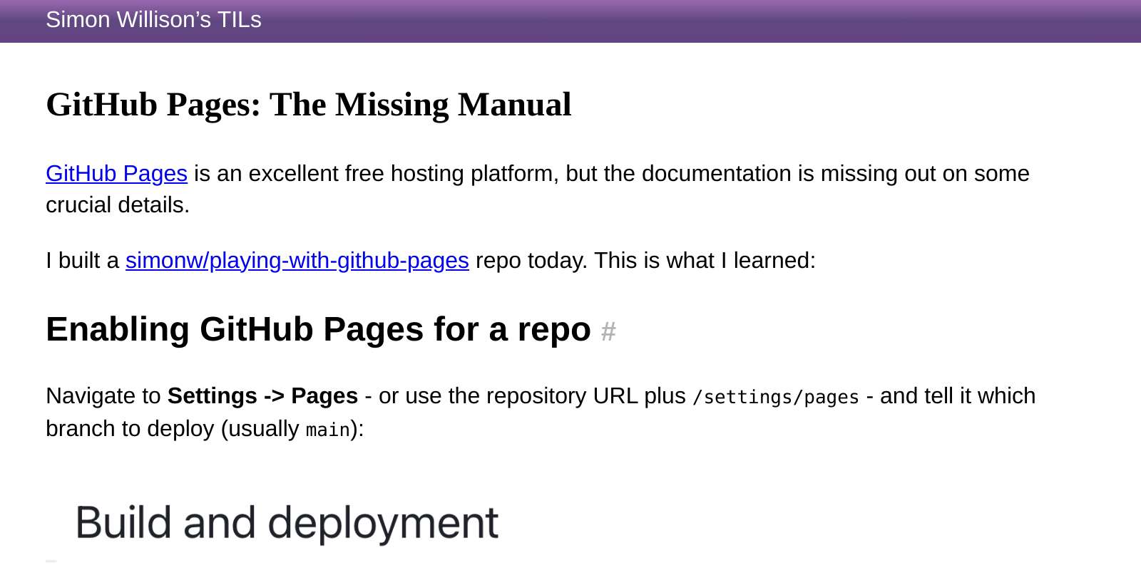 GitHub Pages: The Missing Manual | Simon Willison’s TILs