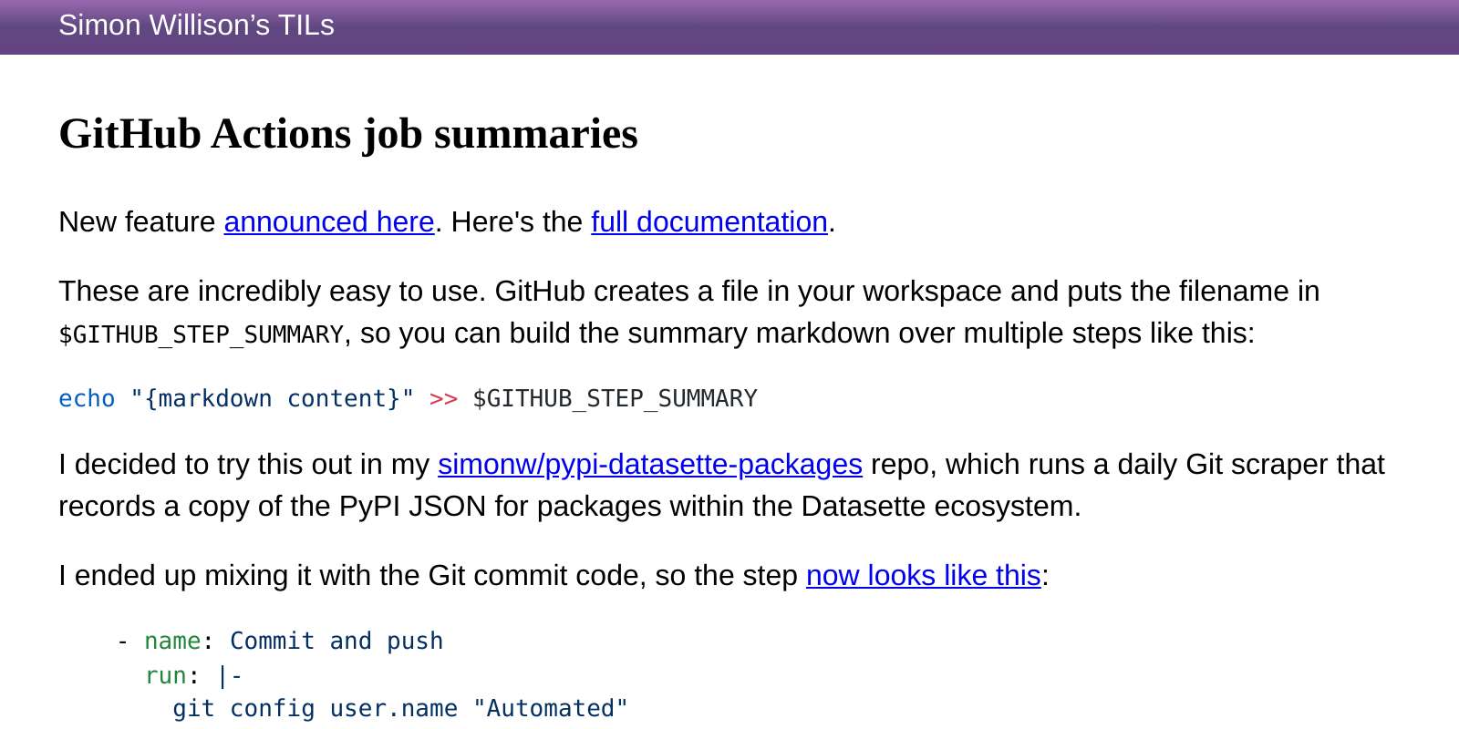 GitHub Actions job summaries | Simon Willison’s TILs