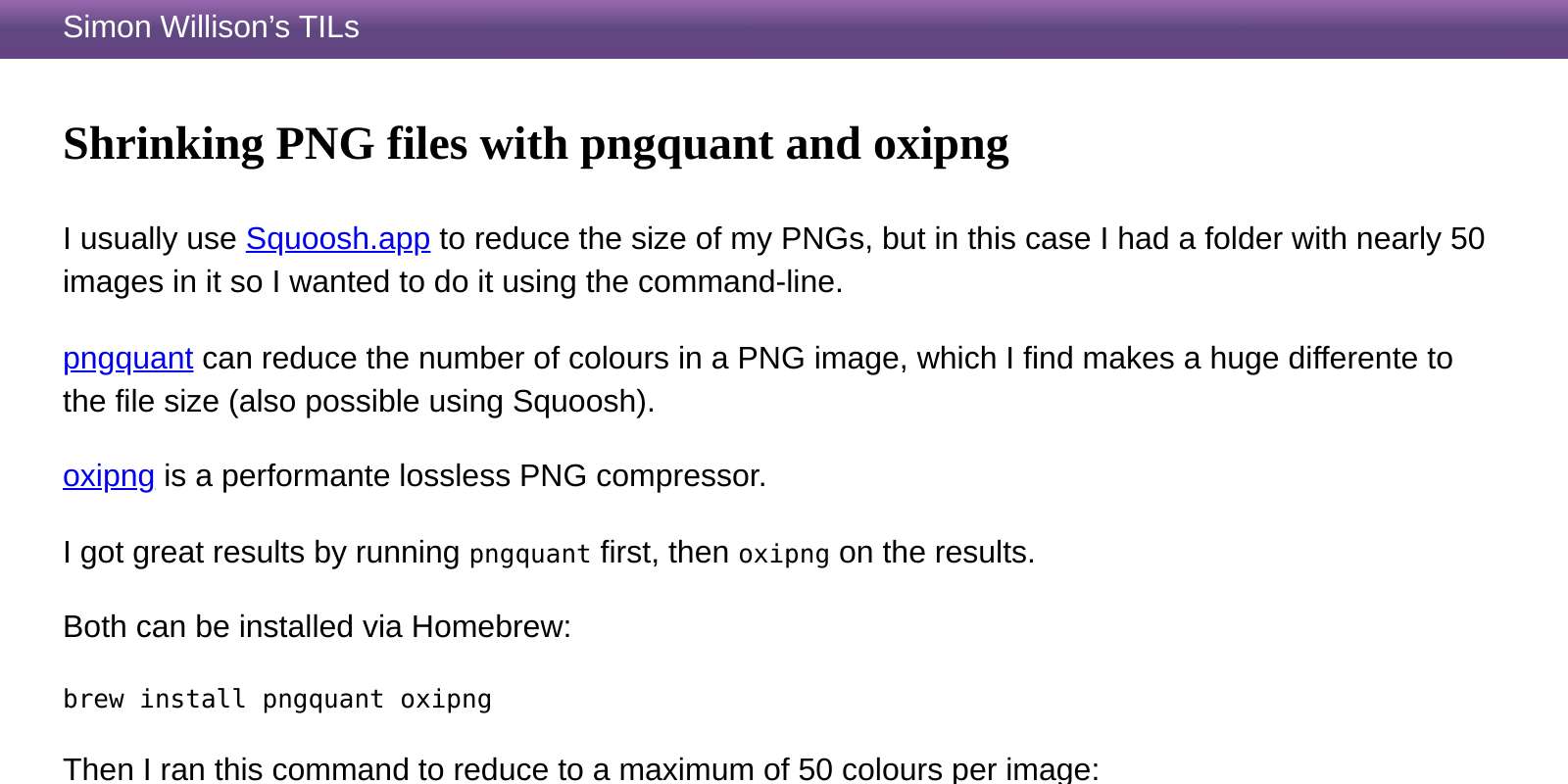 Shrinking PNG files with pngquant and oxipng | Simon Willison’s TILs