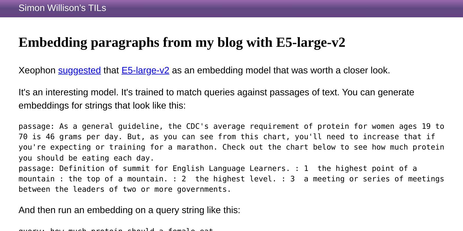 Embedding paragraphs from my blog with E5-large-v2 | Simon Willison’s TILs