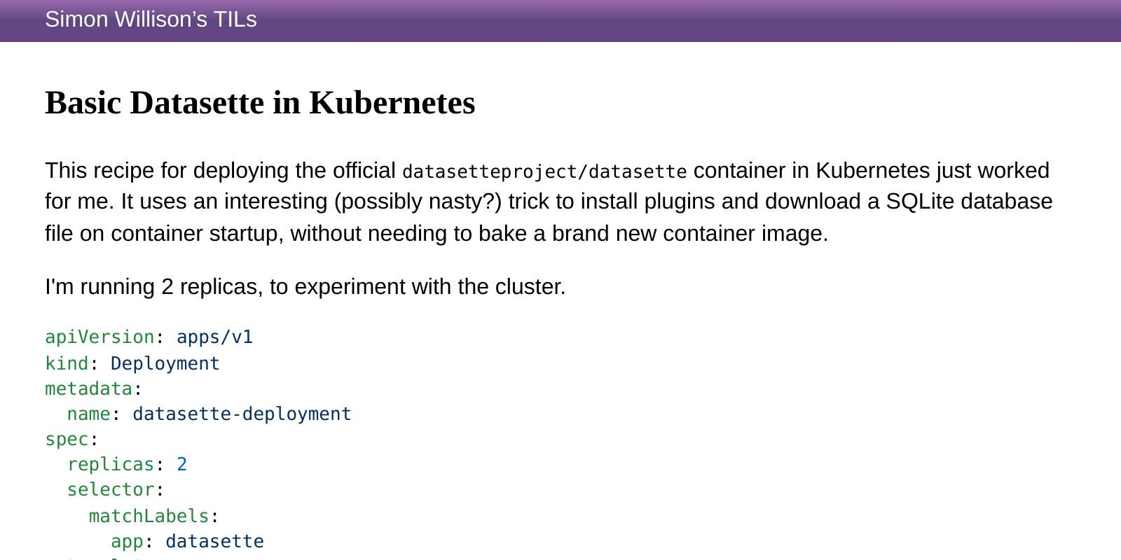 Basic Datasette in Kubernetes | Simon Willison’s TILs