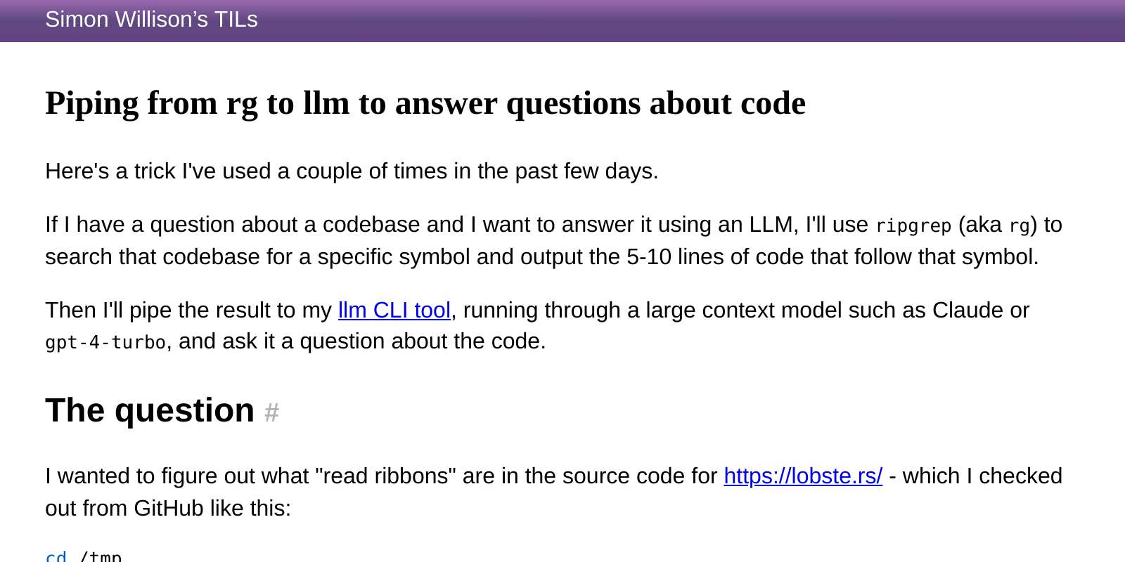 Piping from rg to llm to answer questions about code | Simon Willison’s TILs