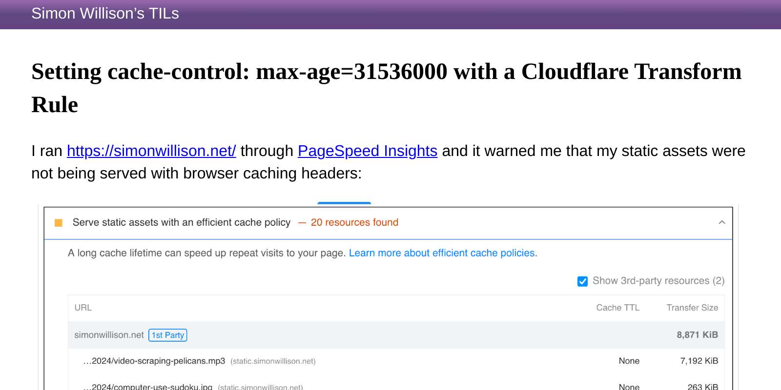 Setting cache-control: max-age=31536000 with a Cloudflare Transform Rule | Simon Willison’s TILs