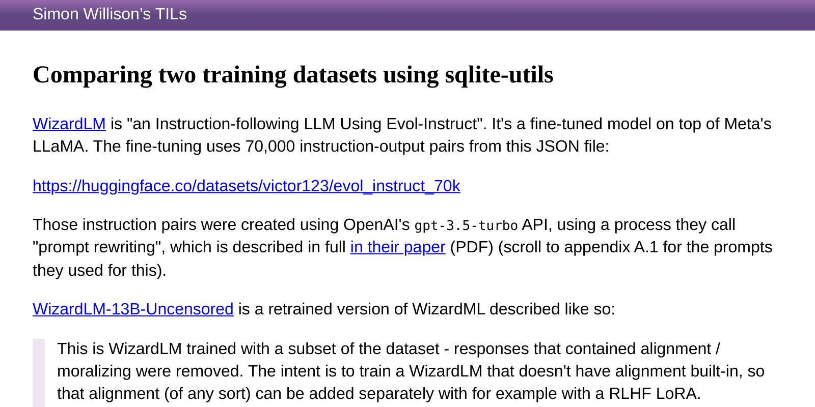 Comparing Two Training Datasets Using Sqlite Utils Simon Willison S Tils