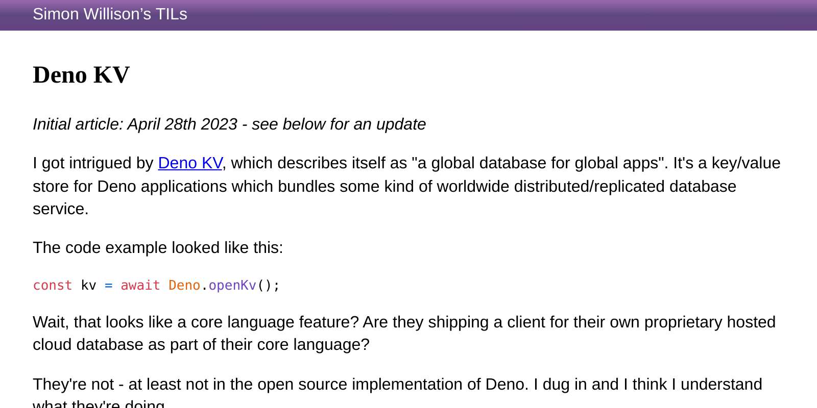 Deno KV | Simon Willison’s TILs