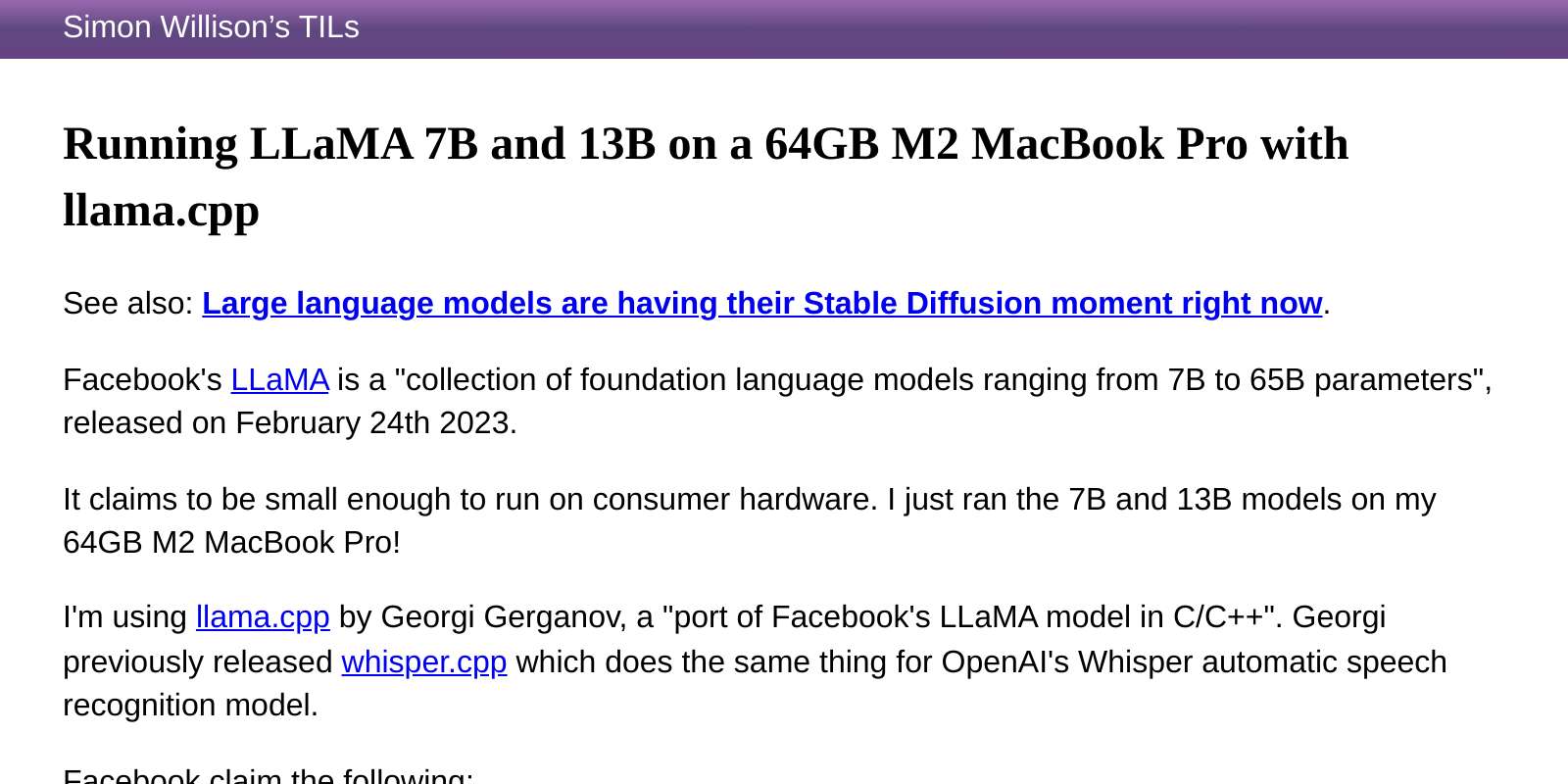 Running LLaMA 7B and 13B on a 64GB M2 MacBook Pro with llama.cpp | Simon Willison’s TILs