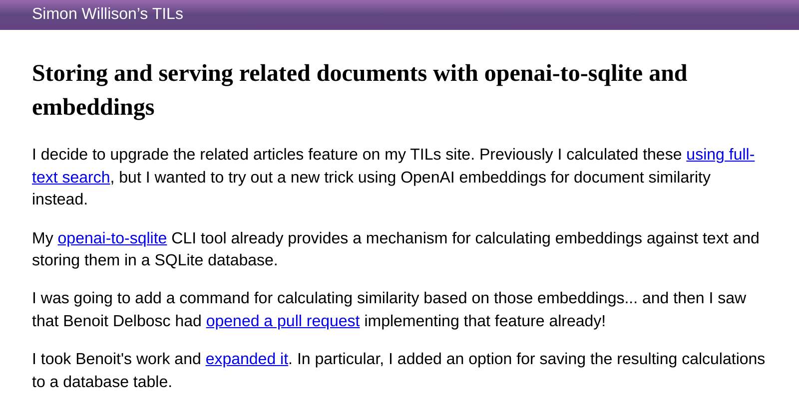 Storing and serving related documents with openai-to-sqlite and ...