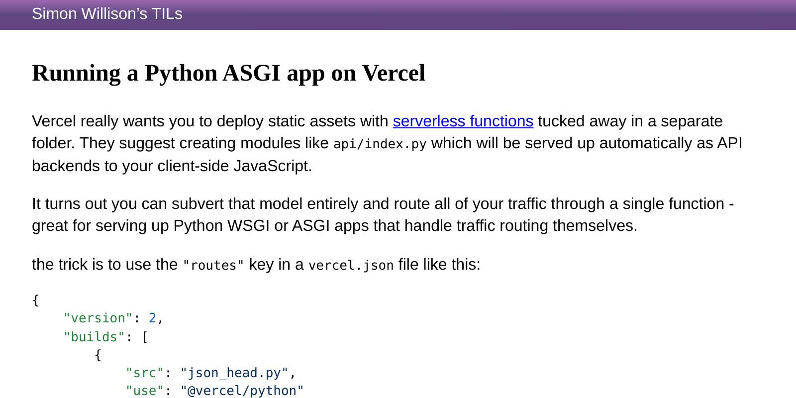 Running a Python ASGI app on Vercel | Simon Willison’s TILs