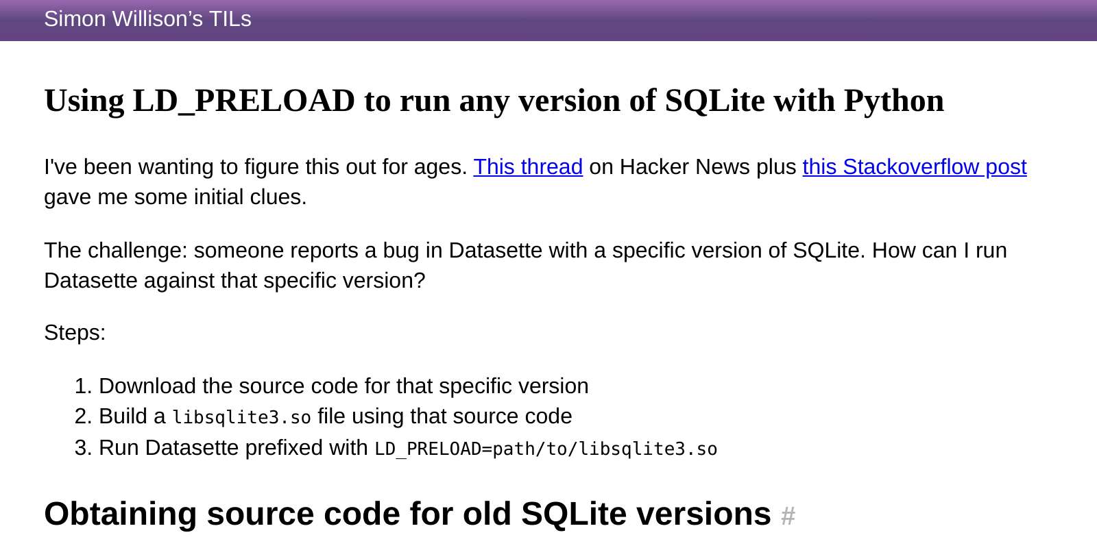 Using LD_PRELOAD to run any version of SQLite with Python | Simon ... Using LD_PRELOAD to run any version of SQLite with Python | Simon ...