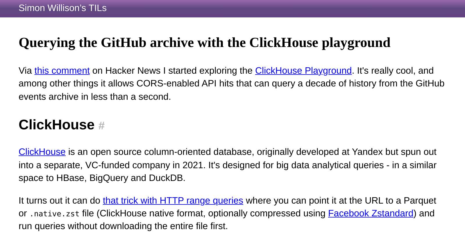 Querying the GitHub archive with the ClickHouse playground | Simon Willison’s TILs
