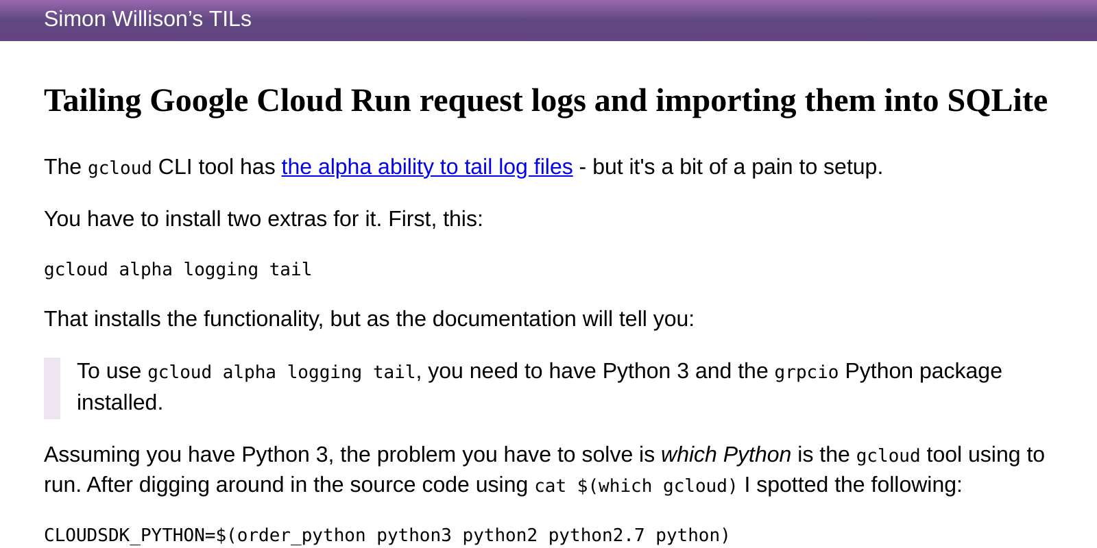 Tailing Google Cloud Run request logs and importing them into SQLite | Simon Willison’s TILs