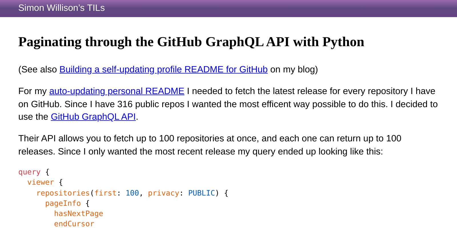 Paginating through the GitHub GraphQL API with Python | Simon Willison’s TILs